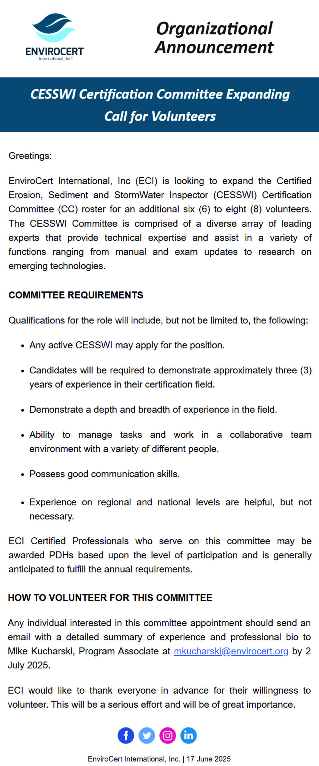 CESSWI Certification Committee Expanding Call for Volunteers - EnviroCert International, Inc.