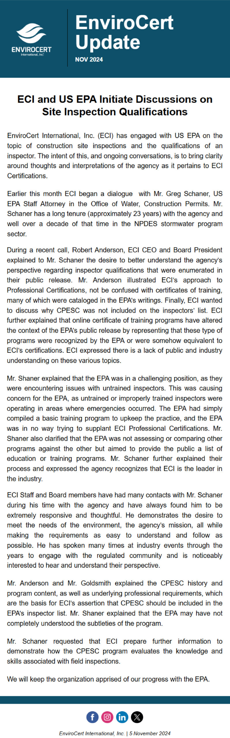 EnviroCert Update - EnviroCert International, Inc.