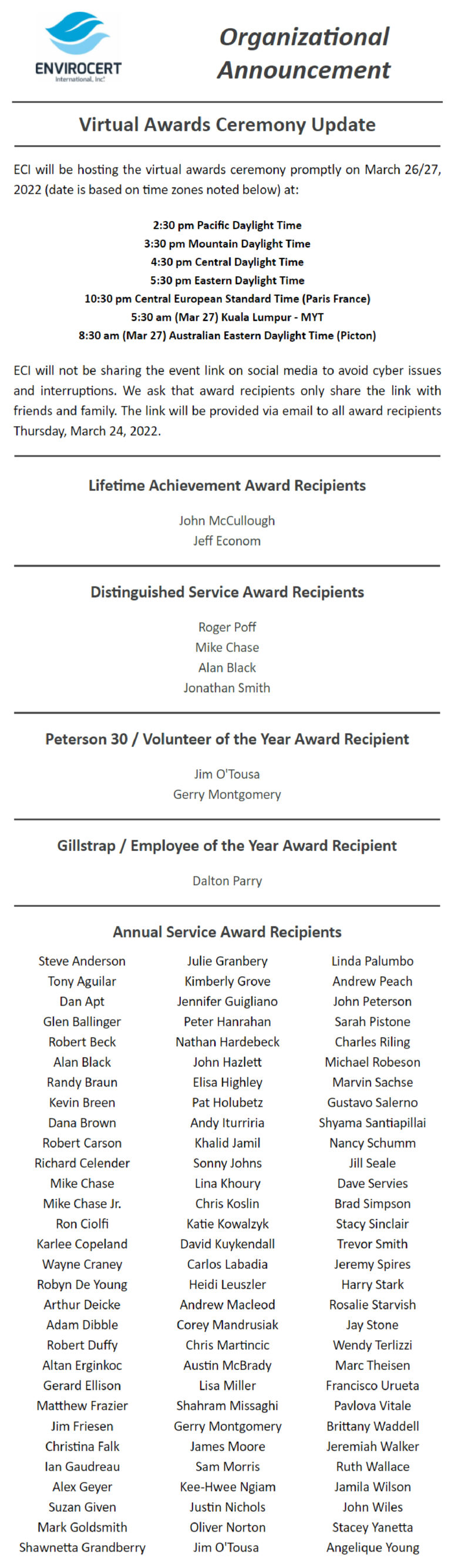 Virtual Awards Ceremony Update - EnviroCert International, Inc.